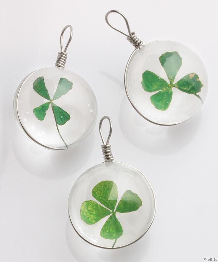 Pandantiv glob cu trifoi cu 4 foi, sticlă, 2 cm