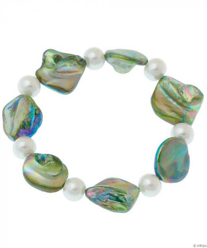 Bratara sidef verde lucios cu perle albe de sticla