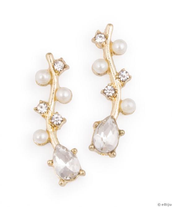 Cercei aurii fir de floare, cristale si perle