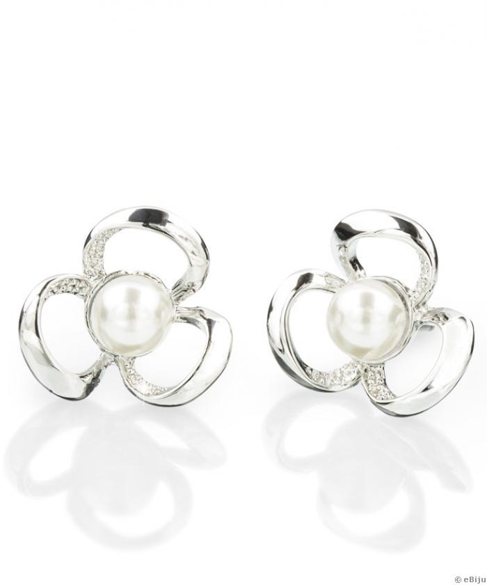 Cercei în forma de floare cu perlă albă, cu elemente Swarovski