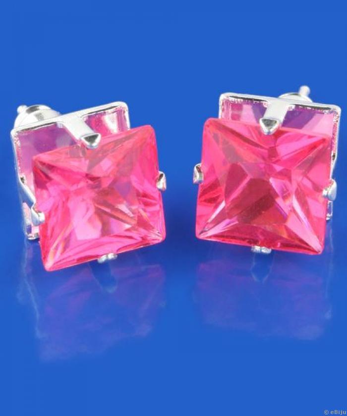 Cercei roz patrati cu strasuri de sticla