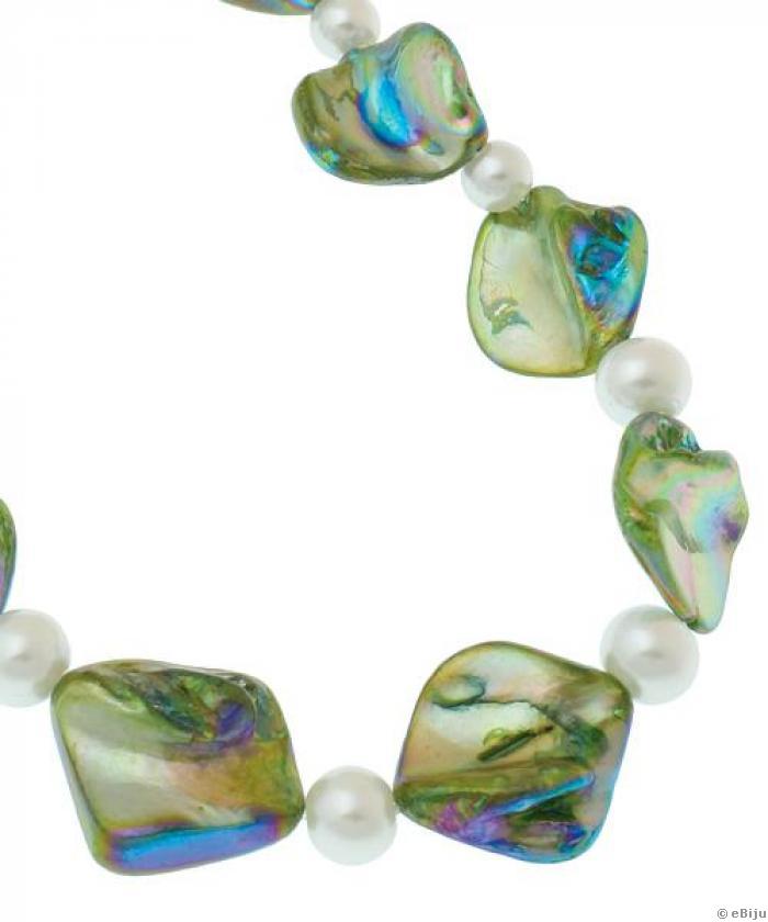 Colier sidef verde lucios cu perle albe de sticla